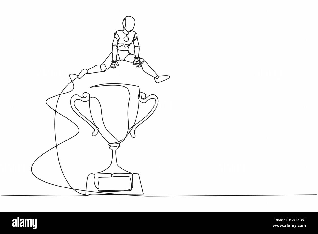 Continuous one line drawing robot jumping over big trophy. Challenge or ...