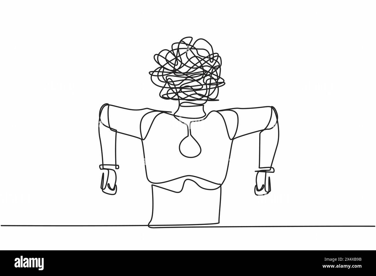 Single one line drawing robot with round scribble instead of head ...
