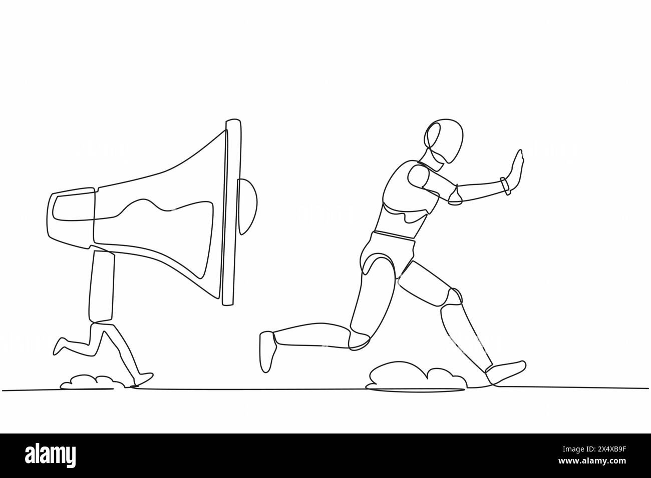 Continuous one line drawing stressed robot being chased by megaphone ...