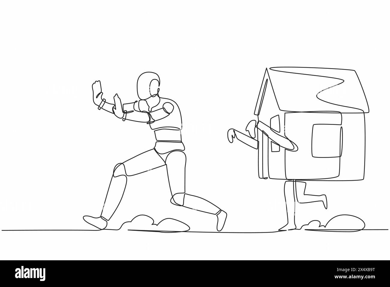 Continuous one line drawing stressed robot being chased by house ...
