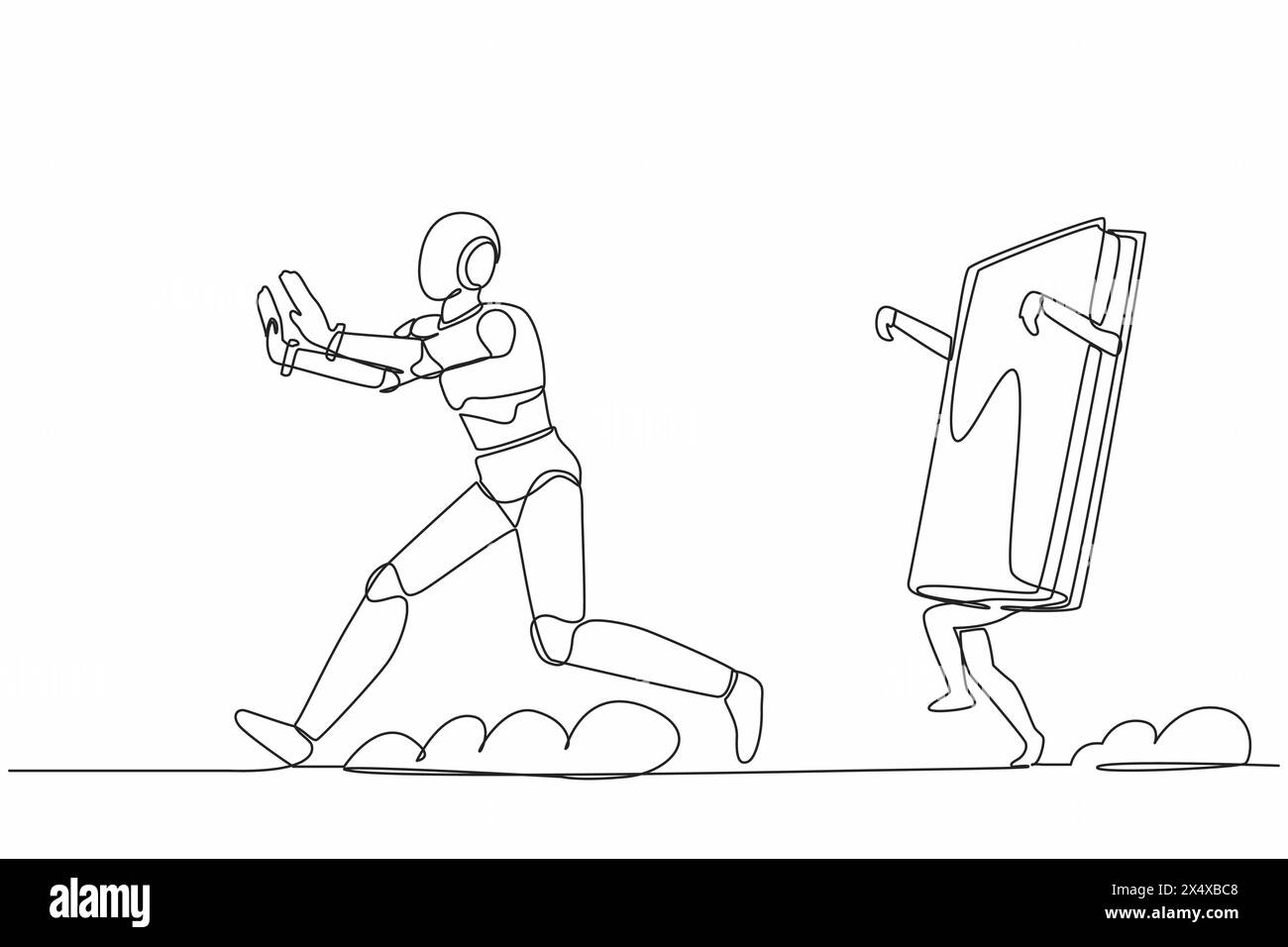 Single continuous line drawing stressed robot being chased by book ...