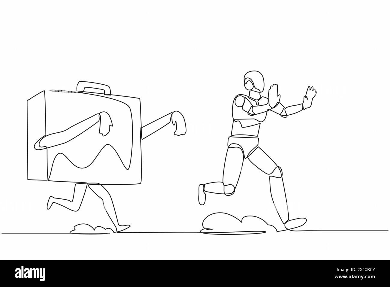 Continuous one line drawing stressed robot being chased by briefcase ...