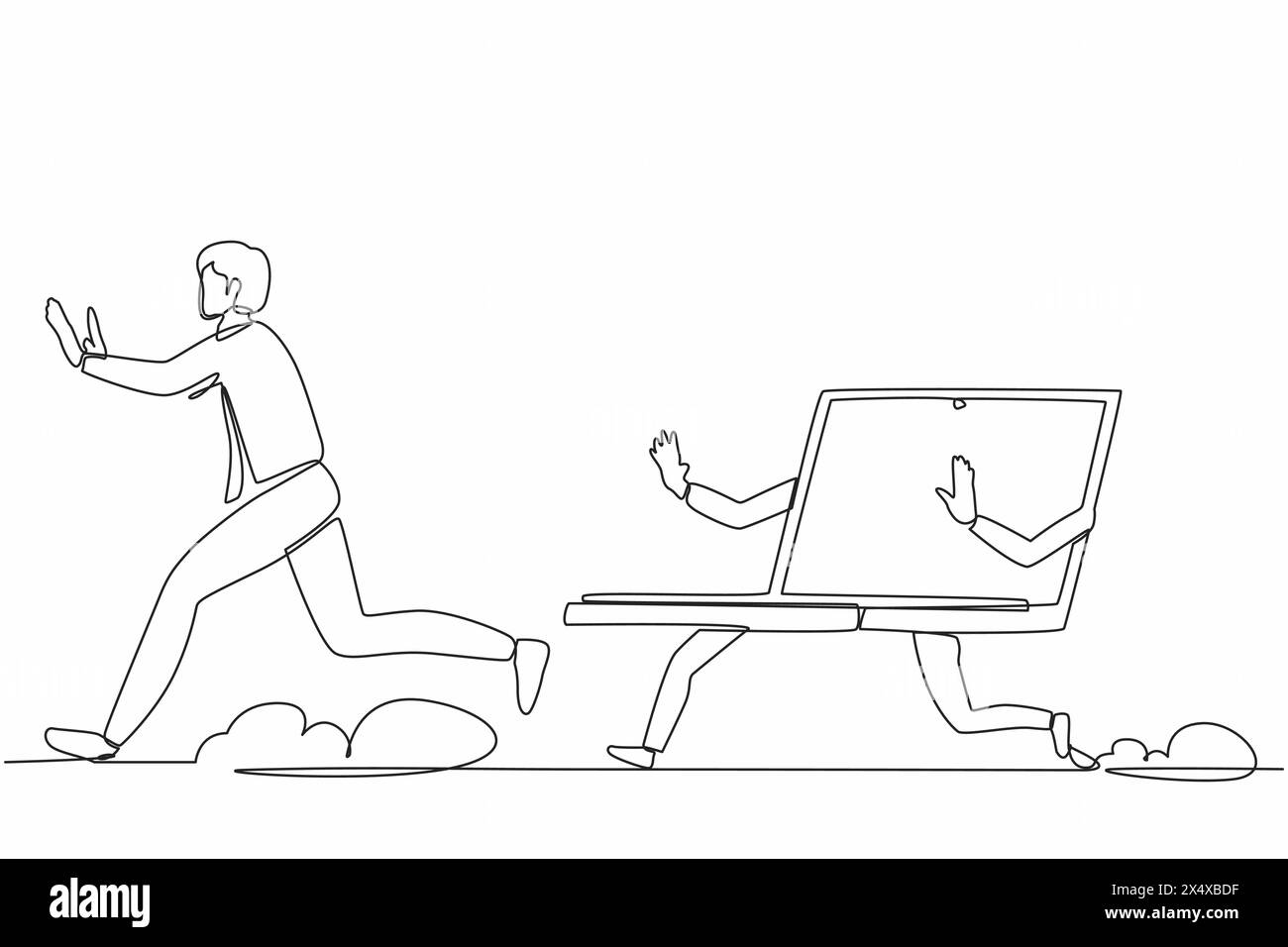 Continuous one line drawing stressed businessman being chased by laptop ...