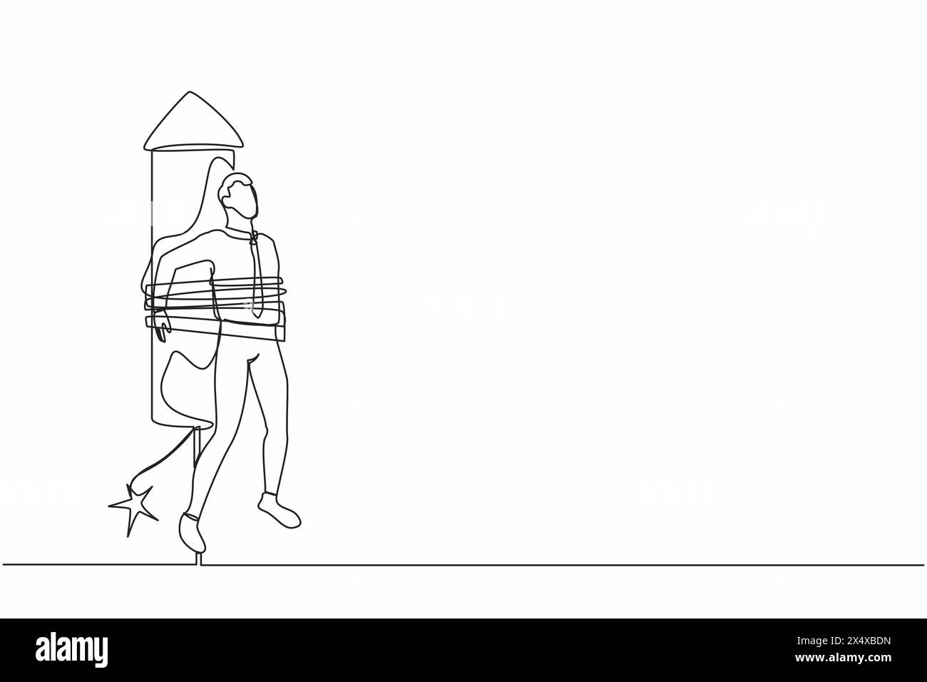 Continuous one line drawing businessman being tied to launching rocket ...
