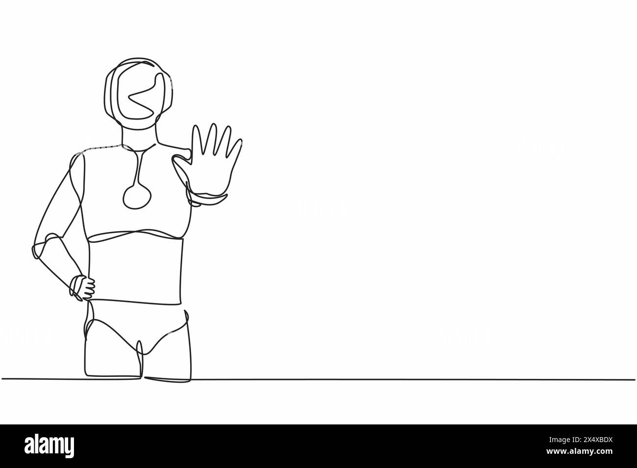 Single one line drawing robot standing with palm as stop signal, stay ...