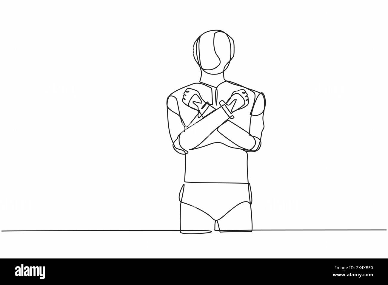 Single continuous line drawing robot standing with fist clenched, arm ...