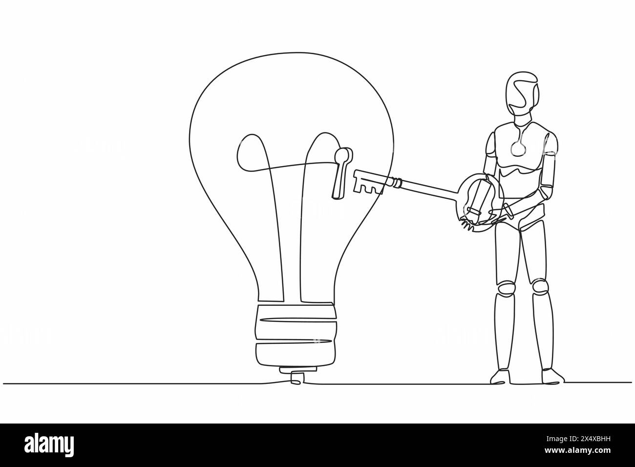 Single one line drawing robot put big key into light bulb. Unlock ...