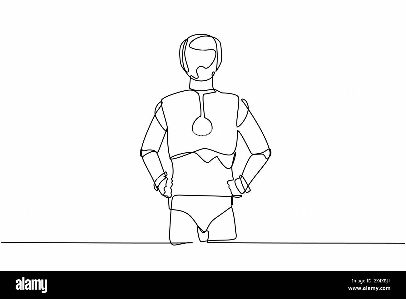 Continuous one line drawing robot standing and holding hand on hip ...