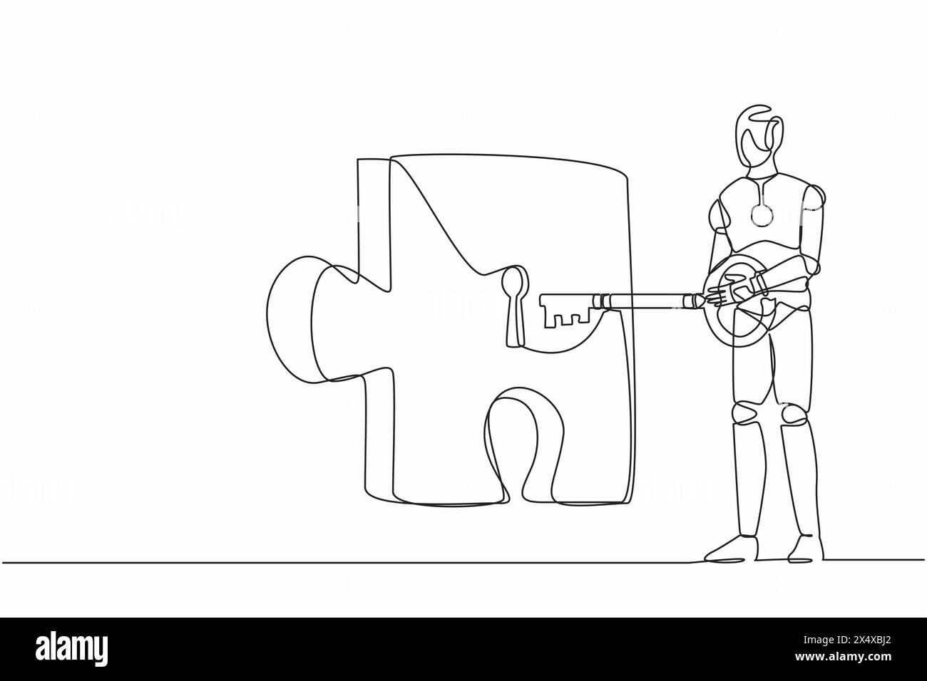 Single continuous line drawing robot putting big key into puzzle piece ...