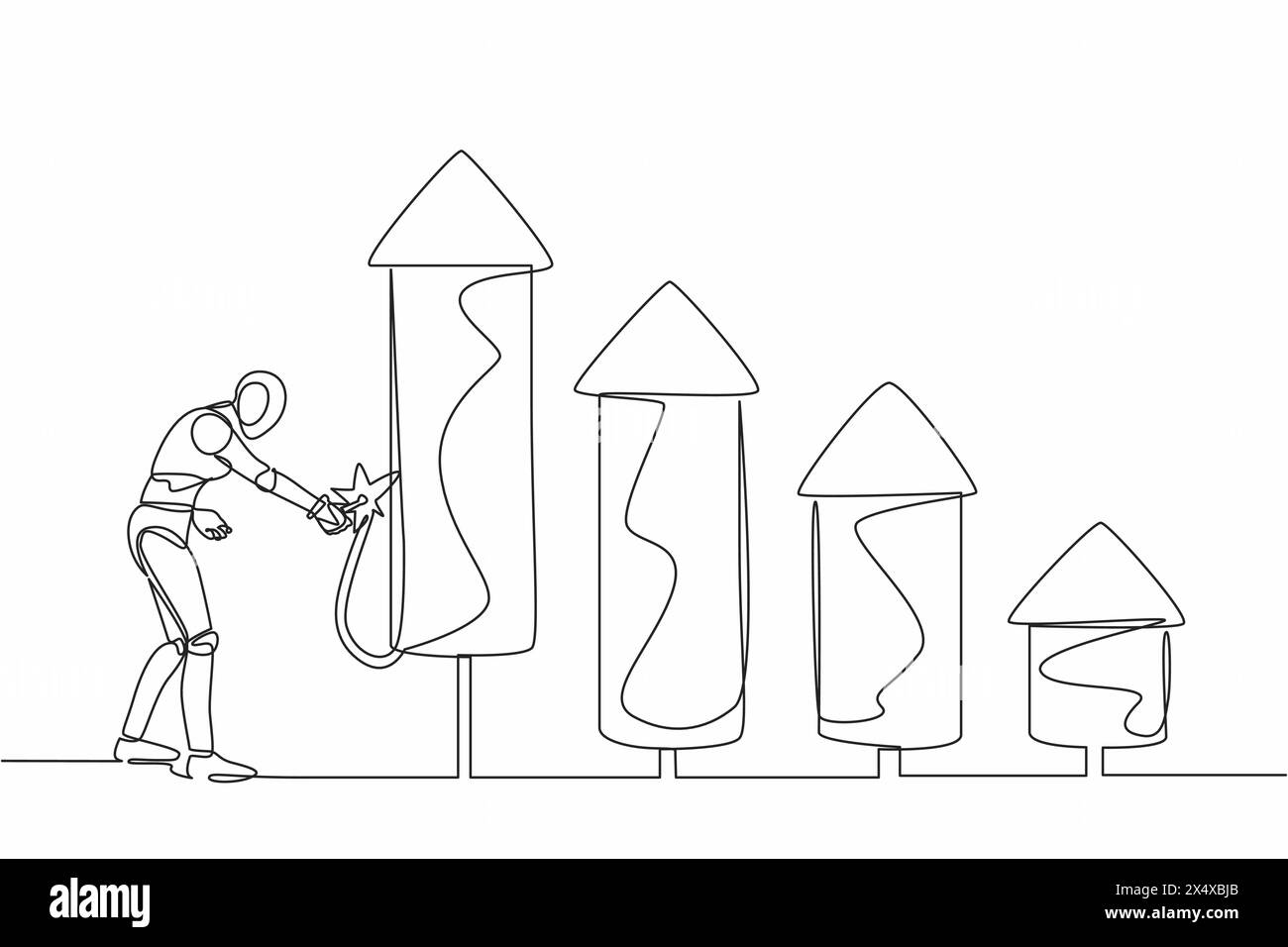 Single continuous line drawing robot ignite firework rocket bar graph ...