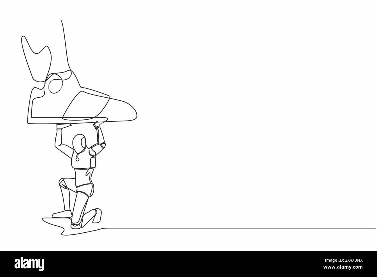 Continuous one line drawing robot under giant feet stomping. Violence ...