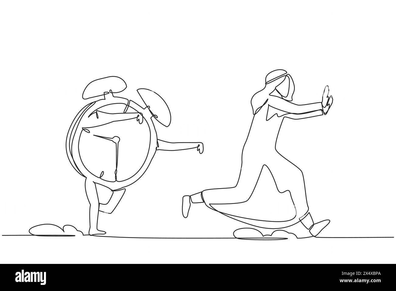 Continuous one line drawing unhappy Arabian businessman being chased by ...