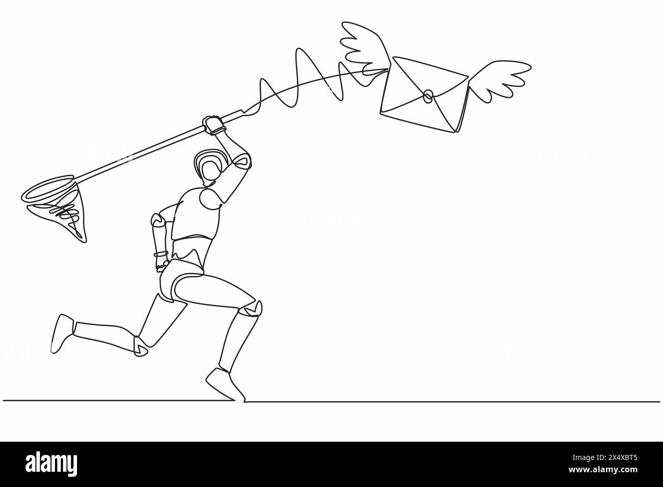Single continuous line drawing robot try to catching flying mail with ...