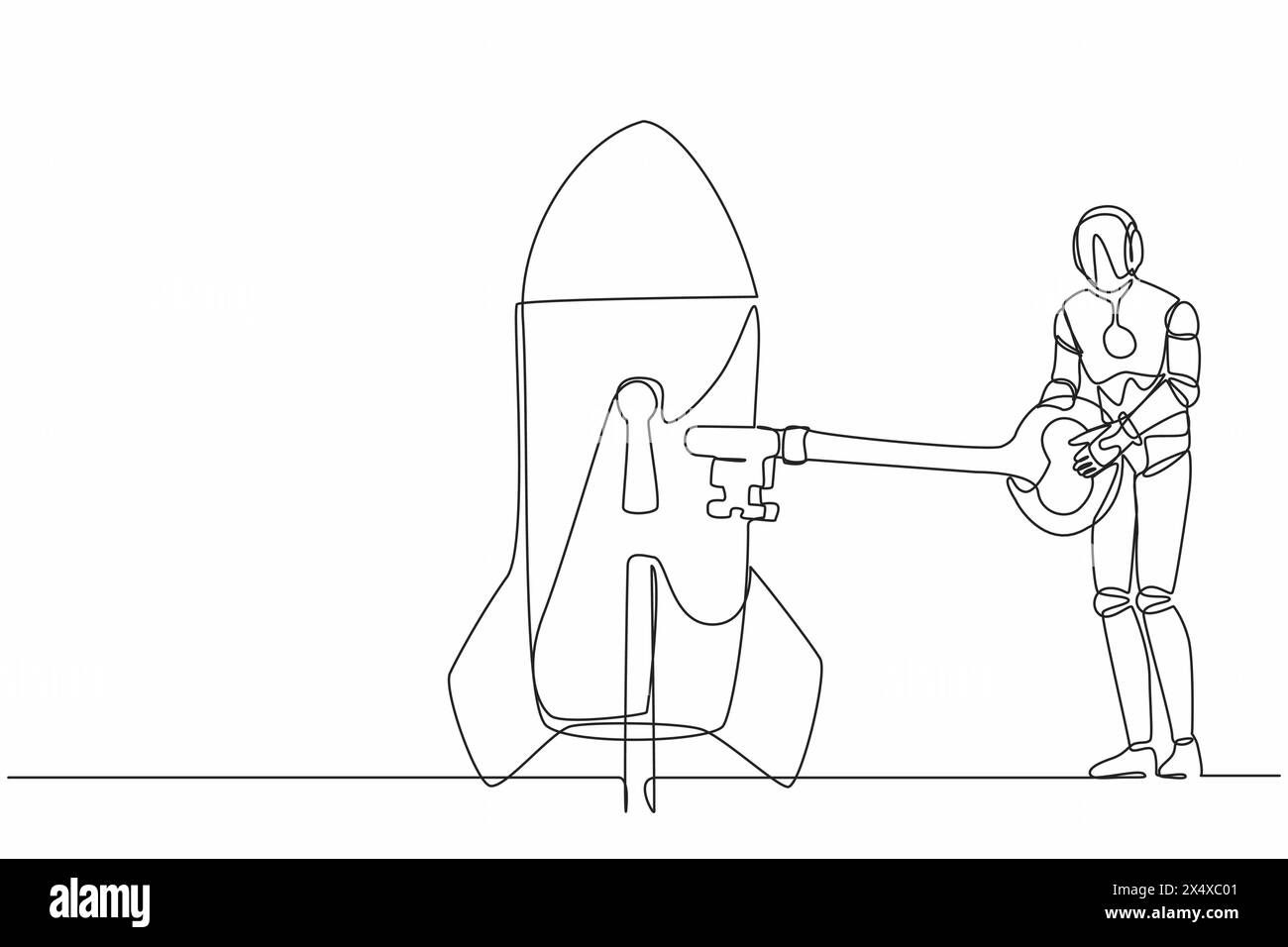Single continuous line drawing robot putting key into rocket. Launching new tech business ...