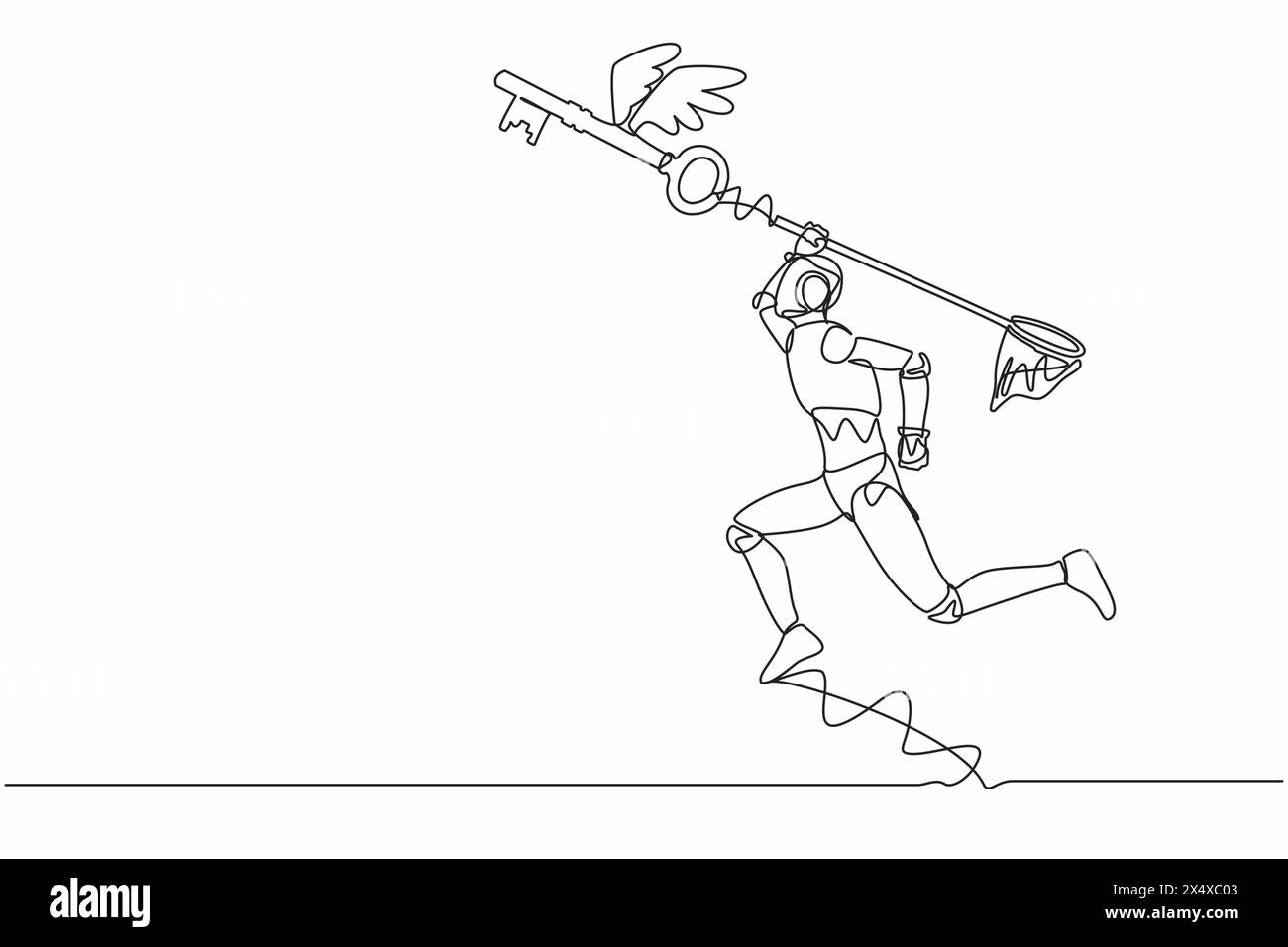 Single Continuous Line Drawing Robot Try To Catching Flying Key With Butterfly Net Find Key To