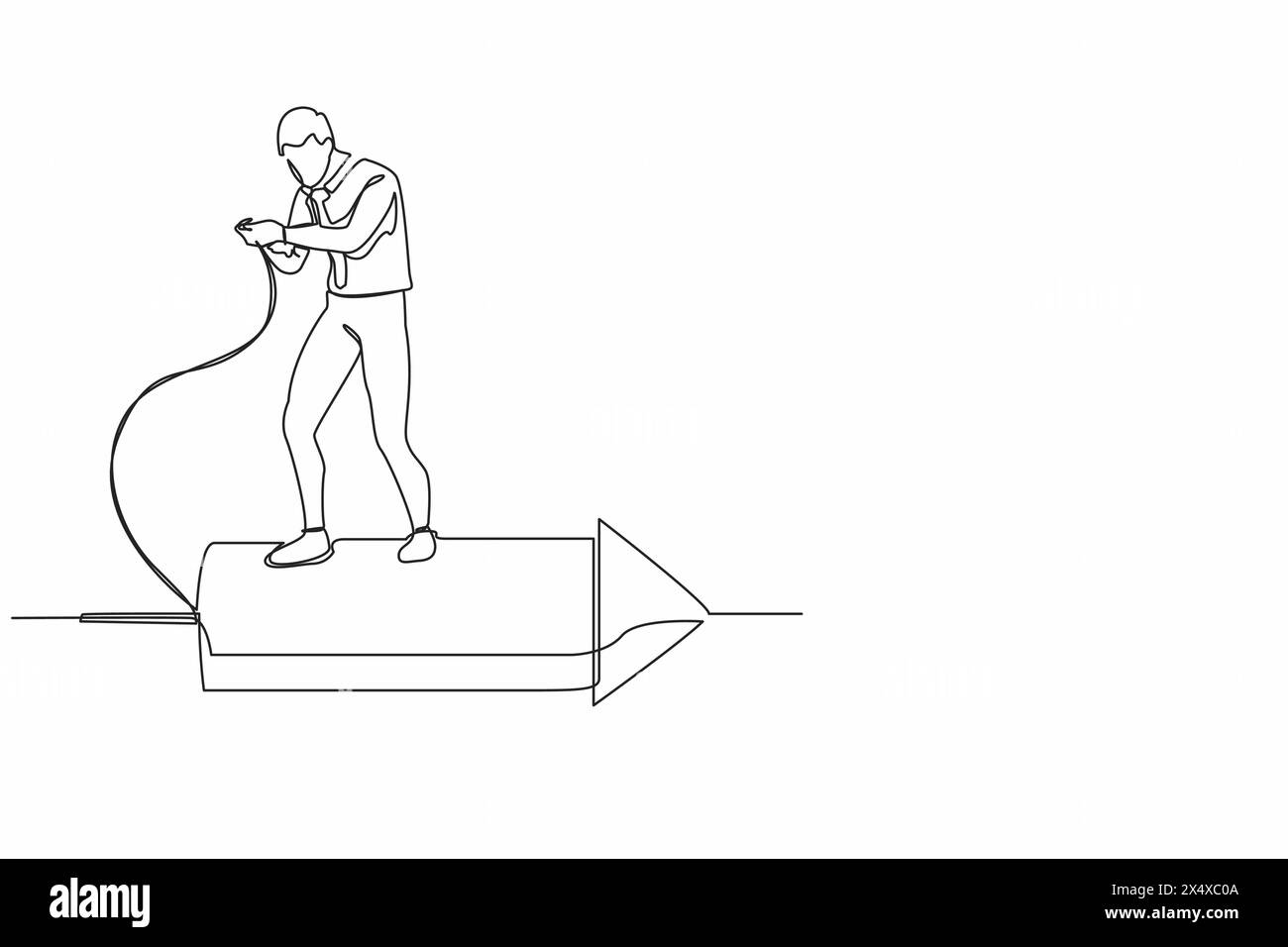 Continuous one line drawing businessman standing on firework rocket and ...