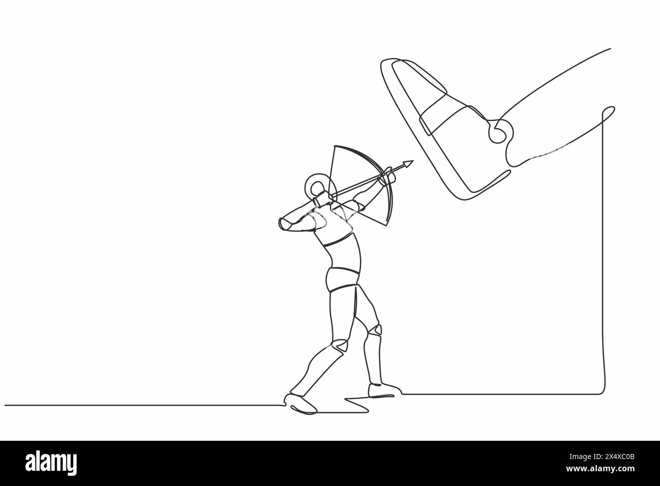 Single continuous line drawing robot aiming bow against giant shoes ...