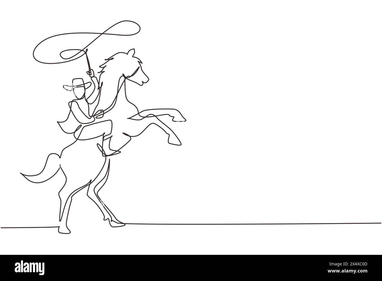 Continuous one line drawing cowboy throwing lasso riding rearing up ...