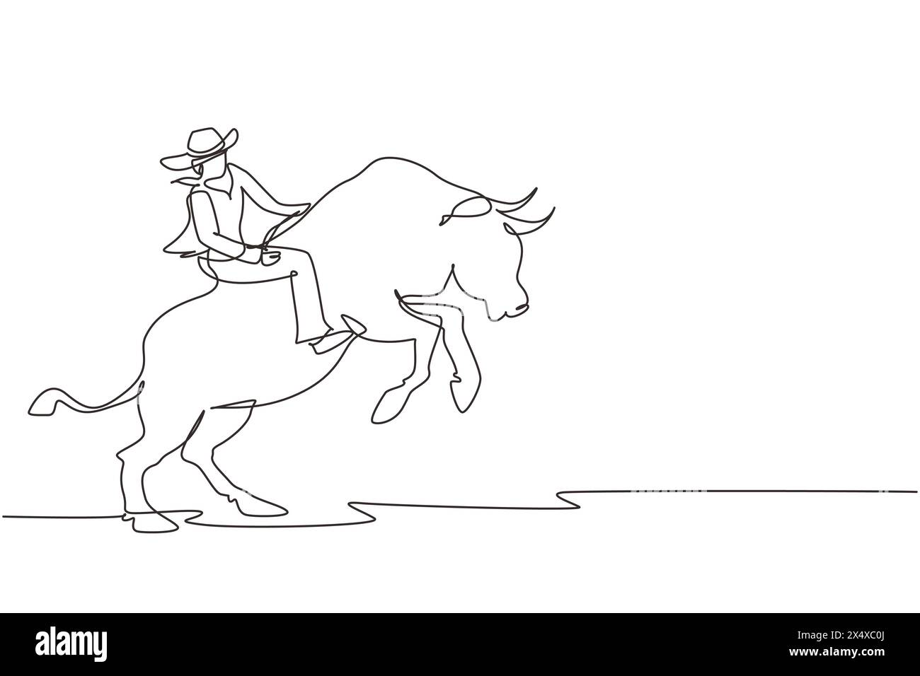 Continuous one line drawing strong and brave cowboy in hat participates ...