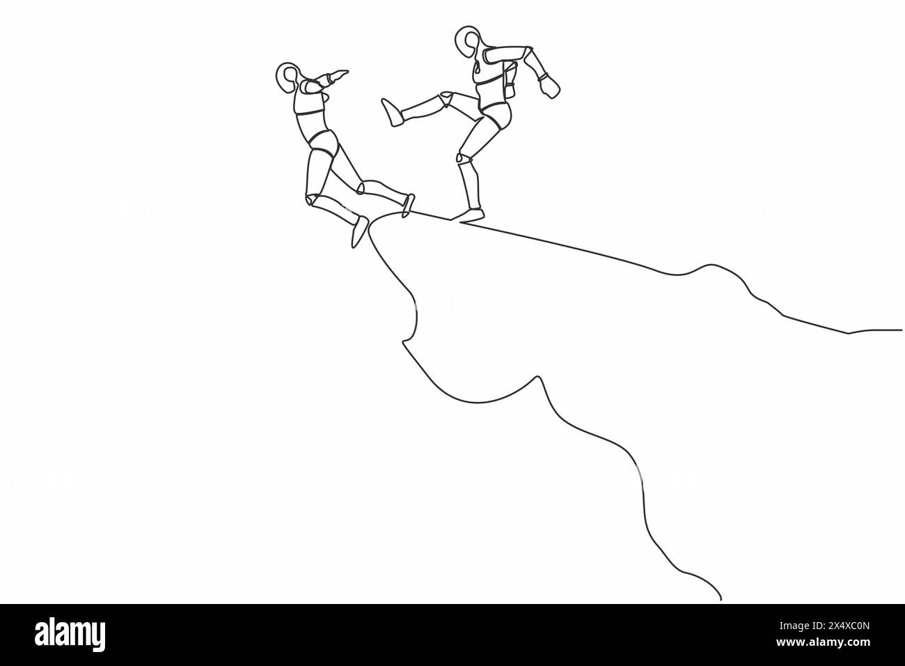 Single one line drawing robot kick throw colleague off cliff or hill ...