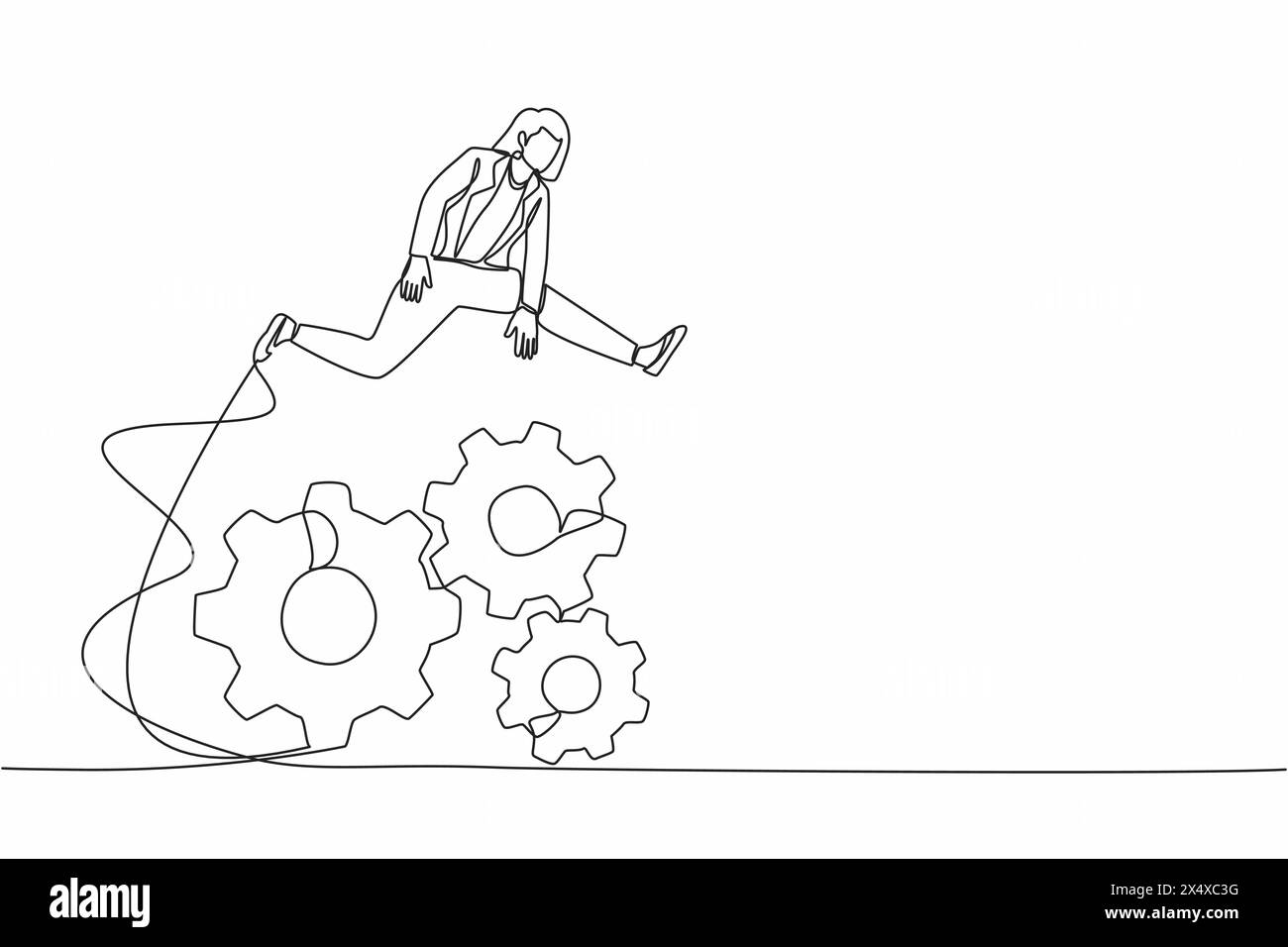 Continuous one line drawing businesswoman jumping over big gears ...