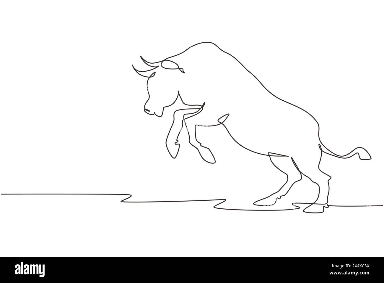 Single one line drawing Aggression wild bull attack. The bull is full ...