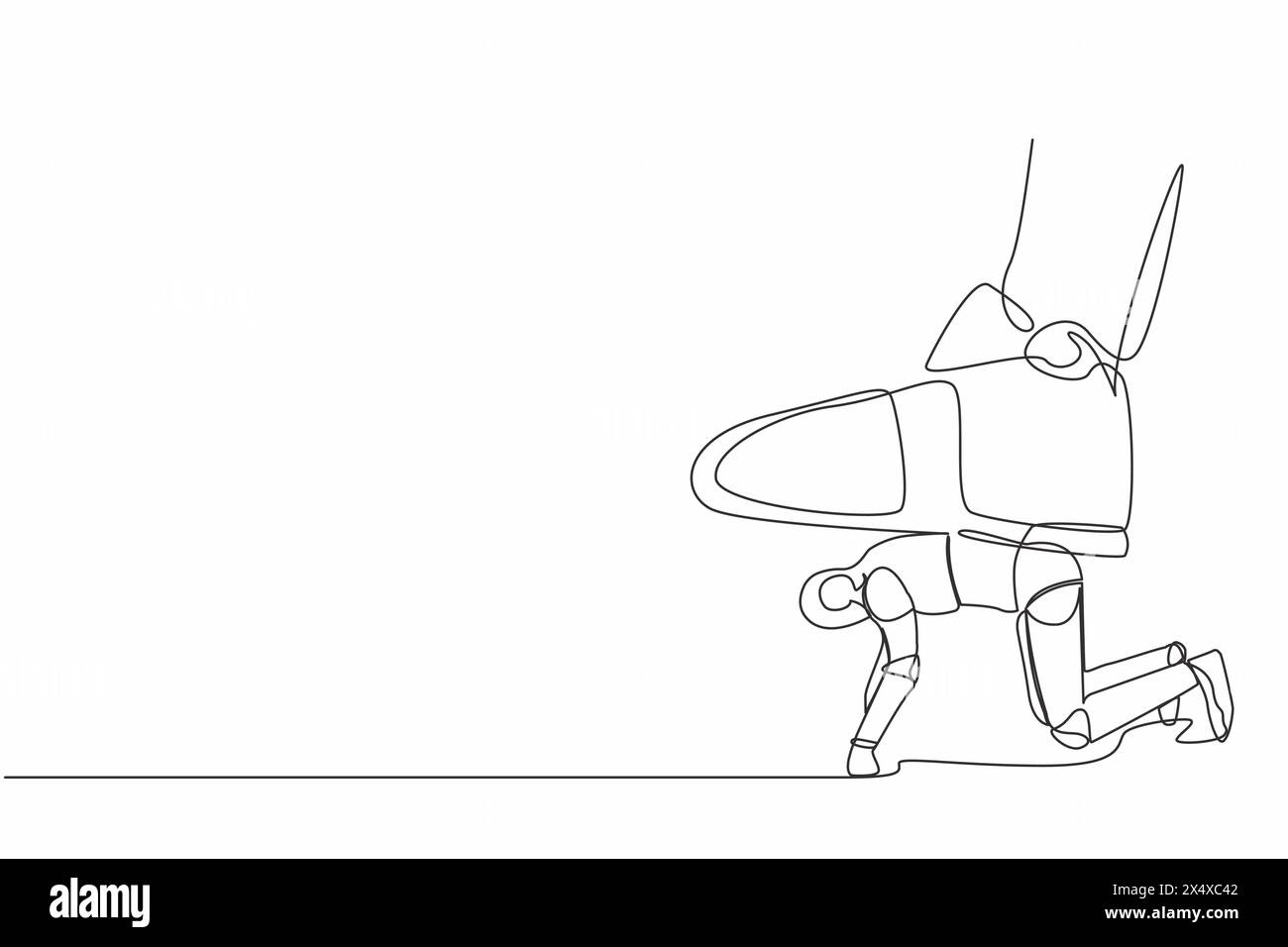 Single one line drawing robot crawling under giant foot trample. Robot ...