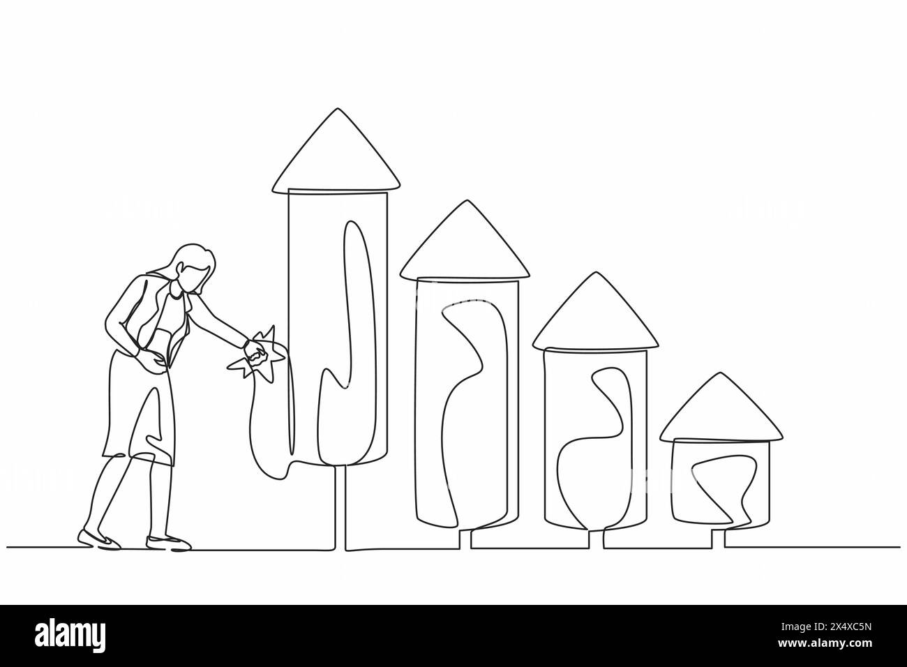 Single continuous line drawing businesswoman ignite firework rocket bar ...