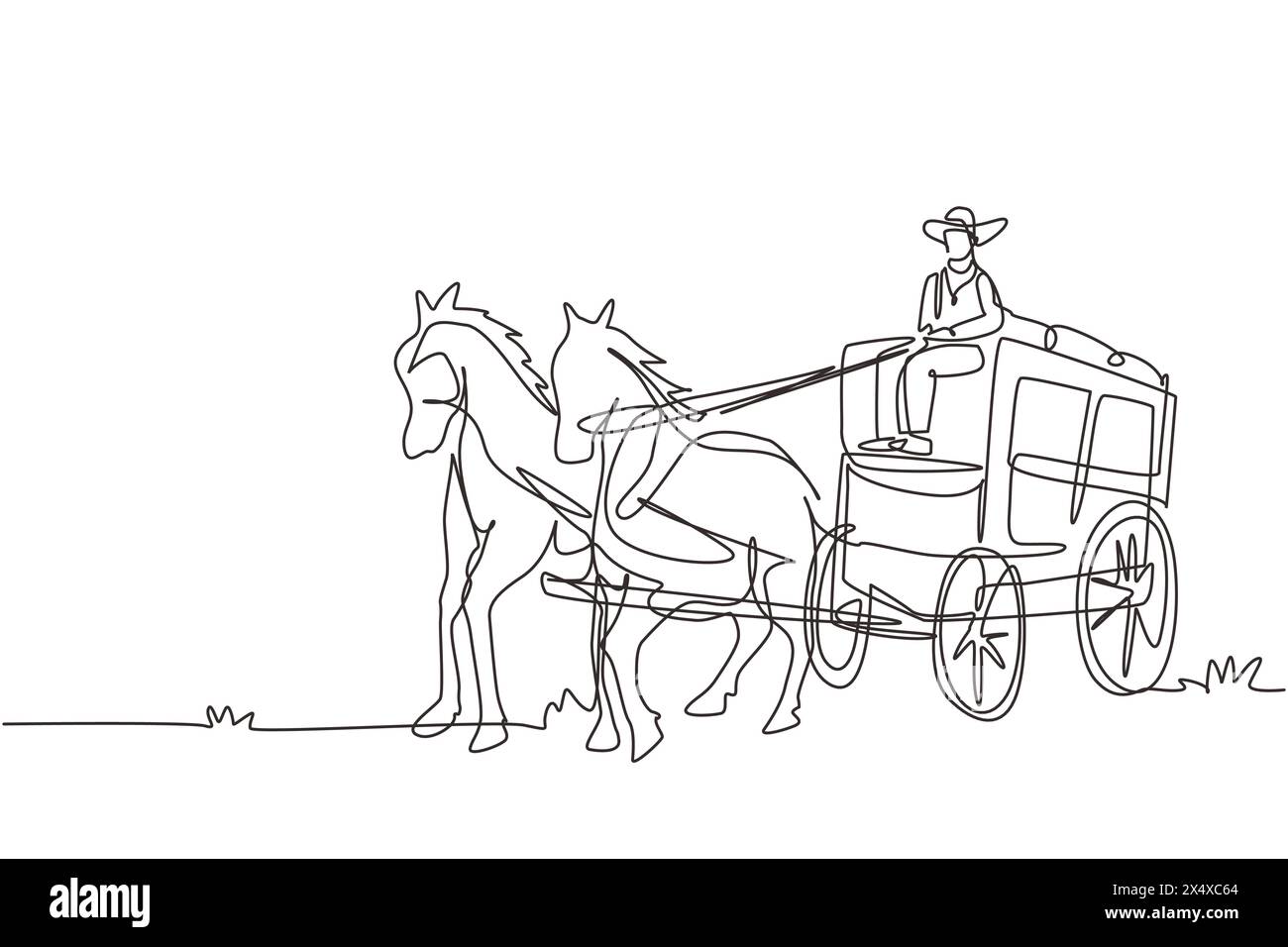 Continuous one line drawing old wild west horse-drawn carriage with ...