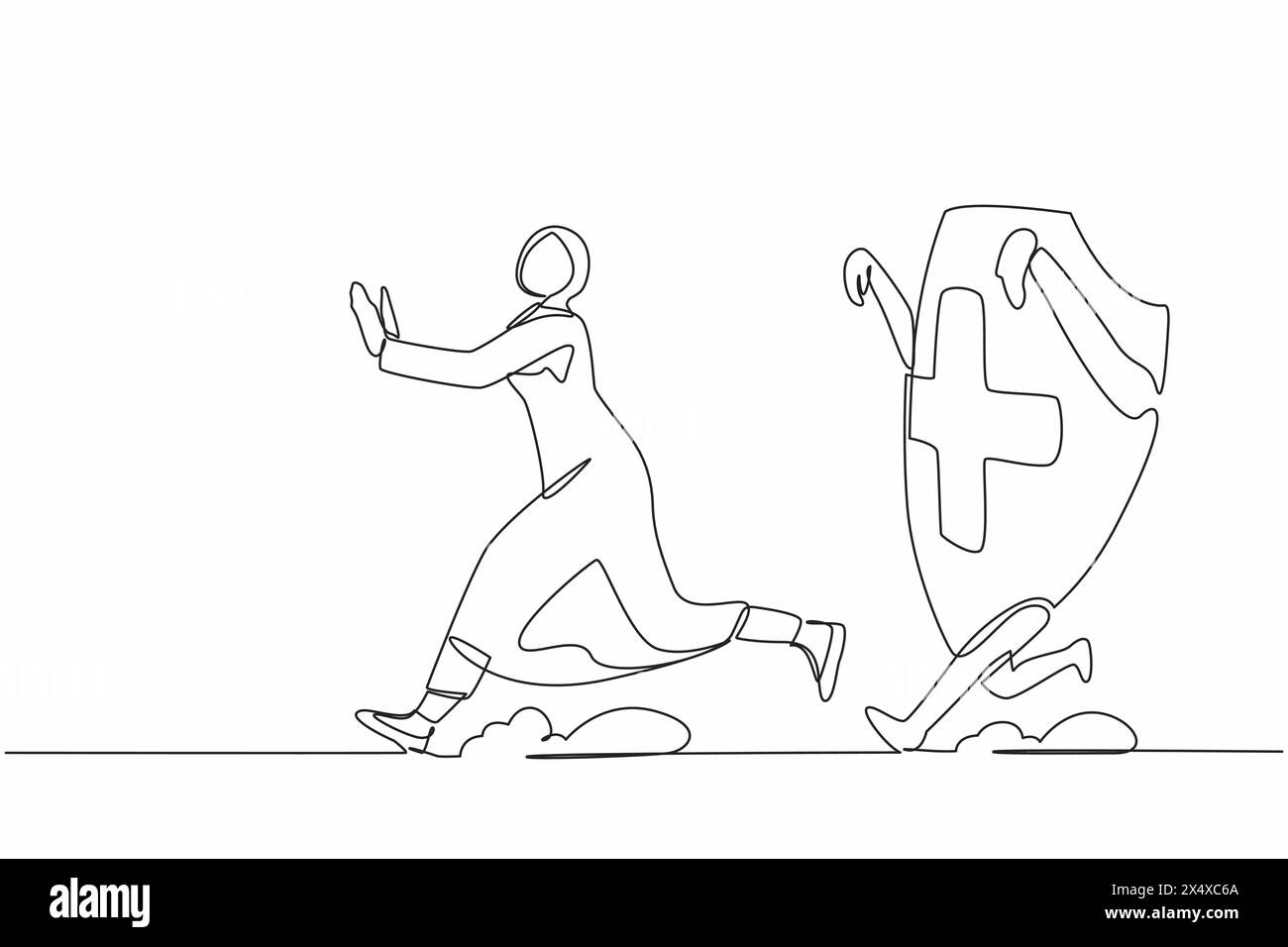 Continuous one line drawing fright Arabian businesswoman being chased ...