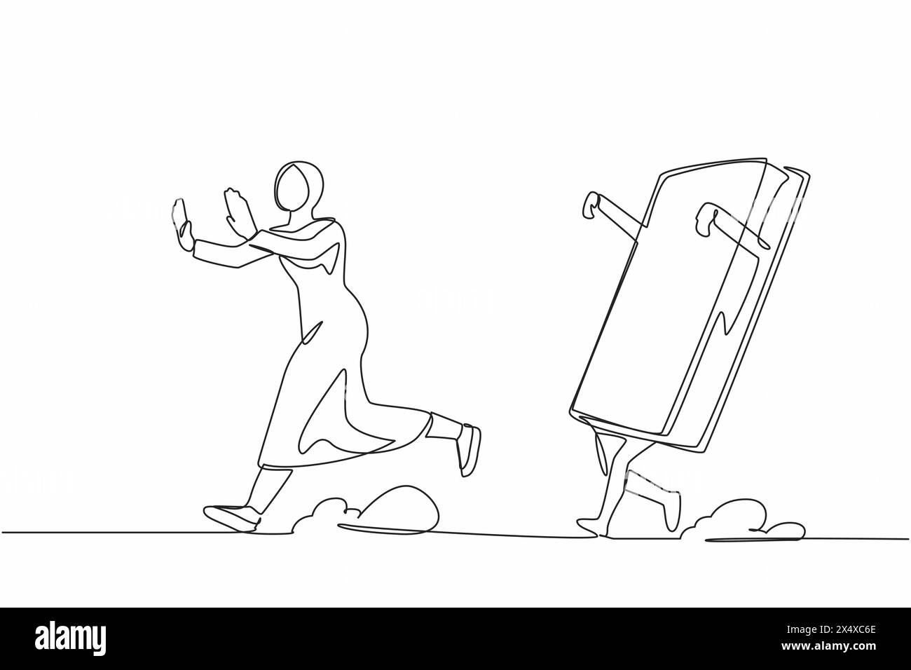 Single continuous line drawing fright Arab businesswoman being chased ...