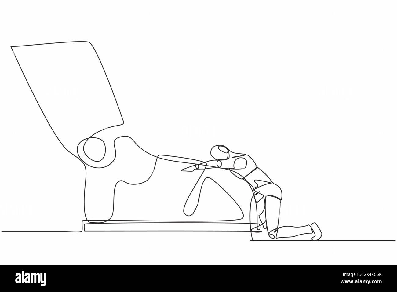Single one line drawing of robot kneeling a giant foot or shoe. Robot ...