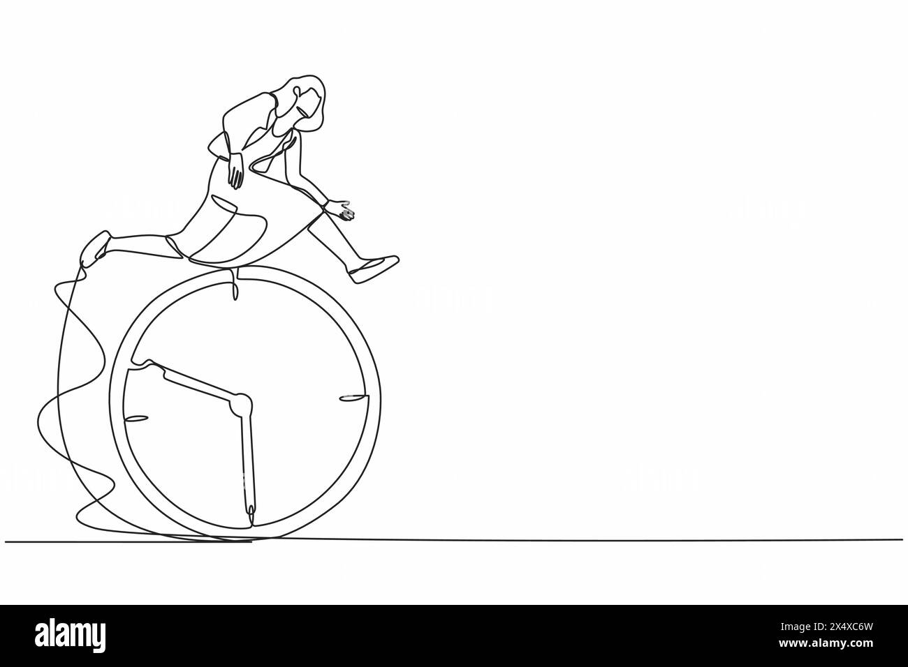 Single one line drawing businesswoman jump over time passing clock ...