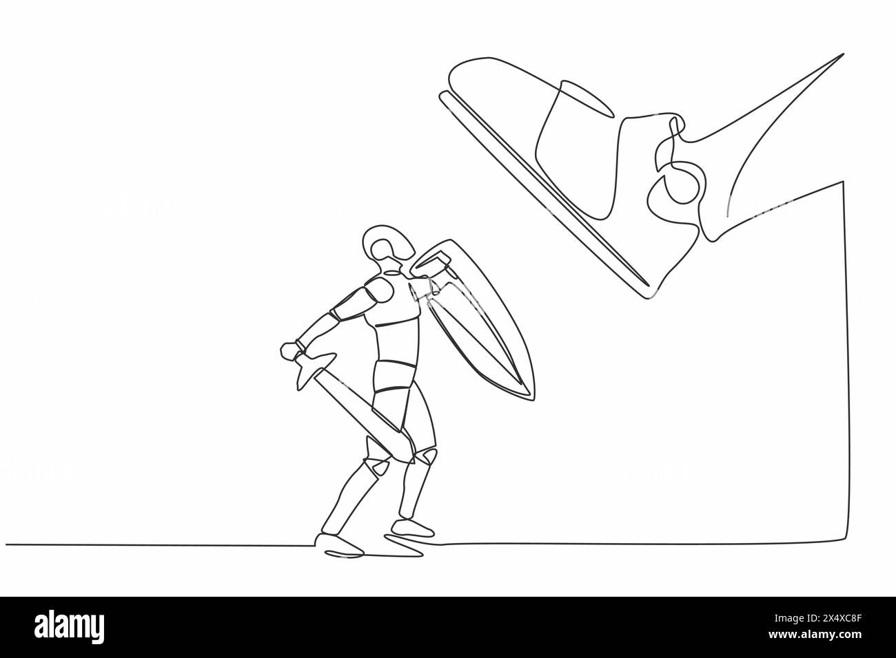 Single one line drawing of robot fight to giant foot with shield and ...
