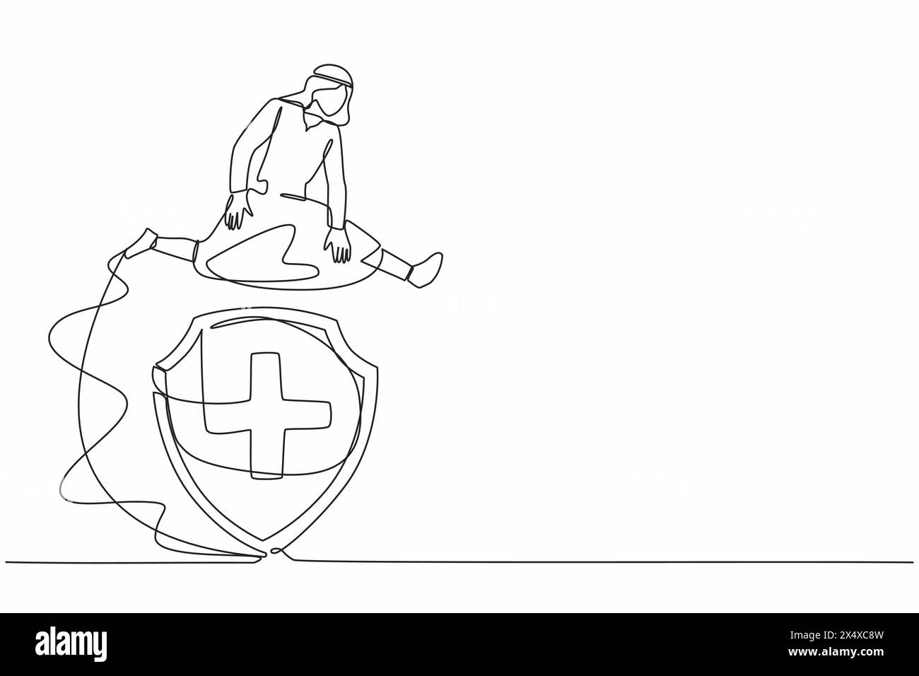 Single one line drawing Arabian businessman jumping over big shield ...