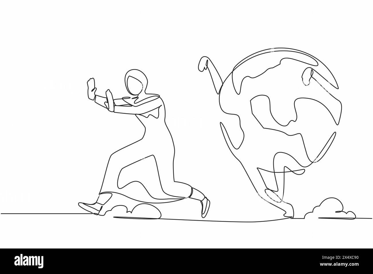 Continuous one line drawing fright Arabian businesswoman being chased ...