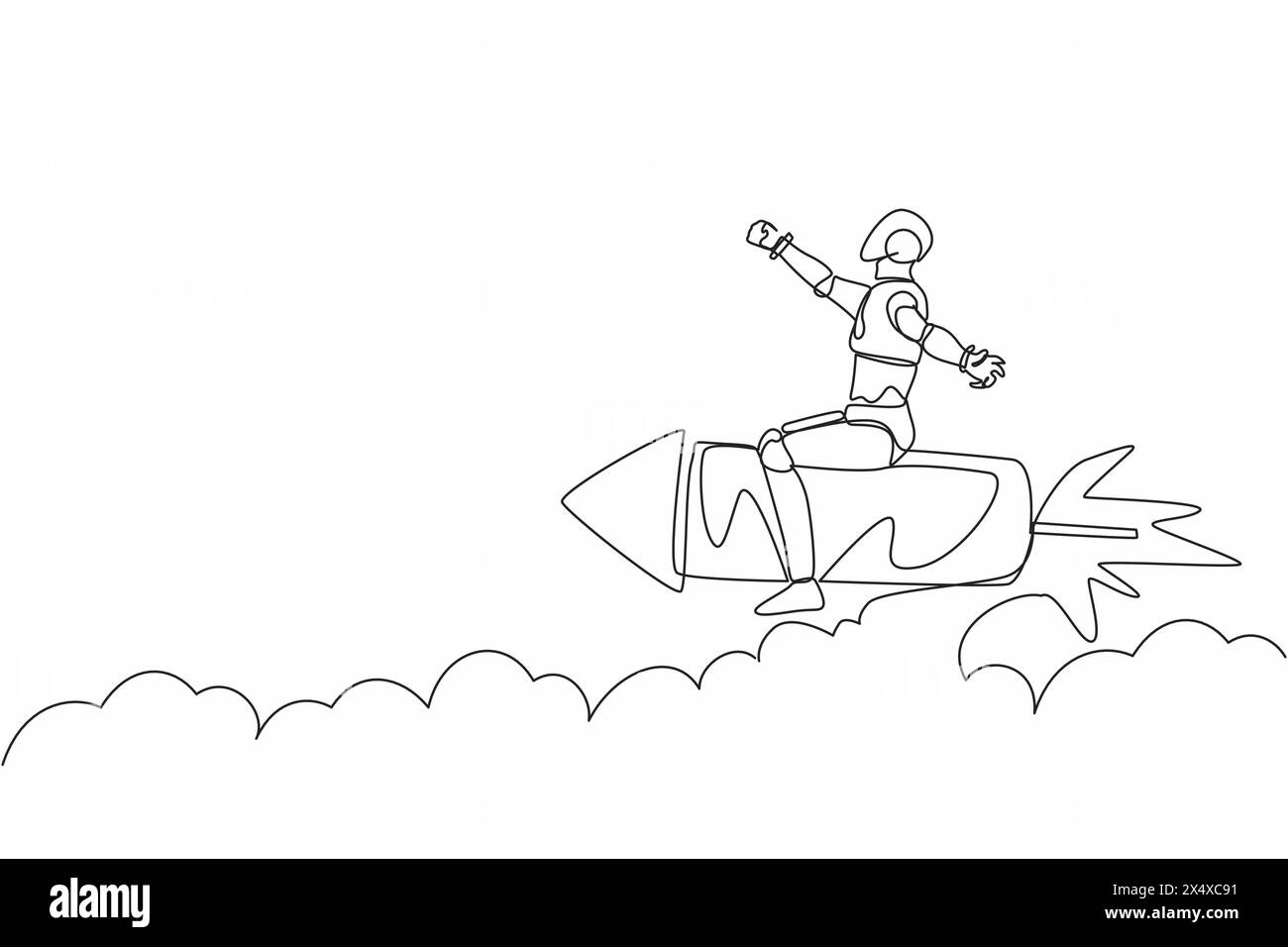 Single one line drawing robot flying high riding firework rocket ...