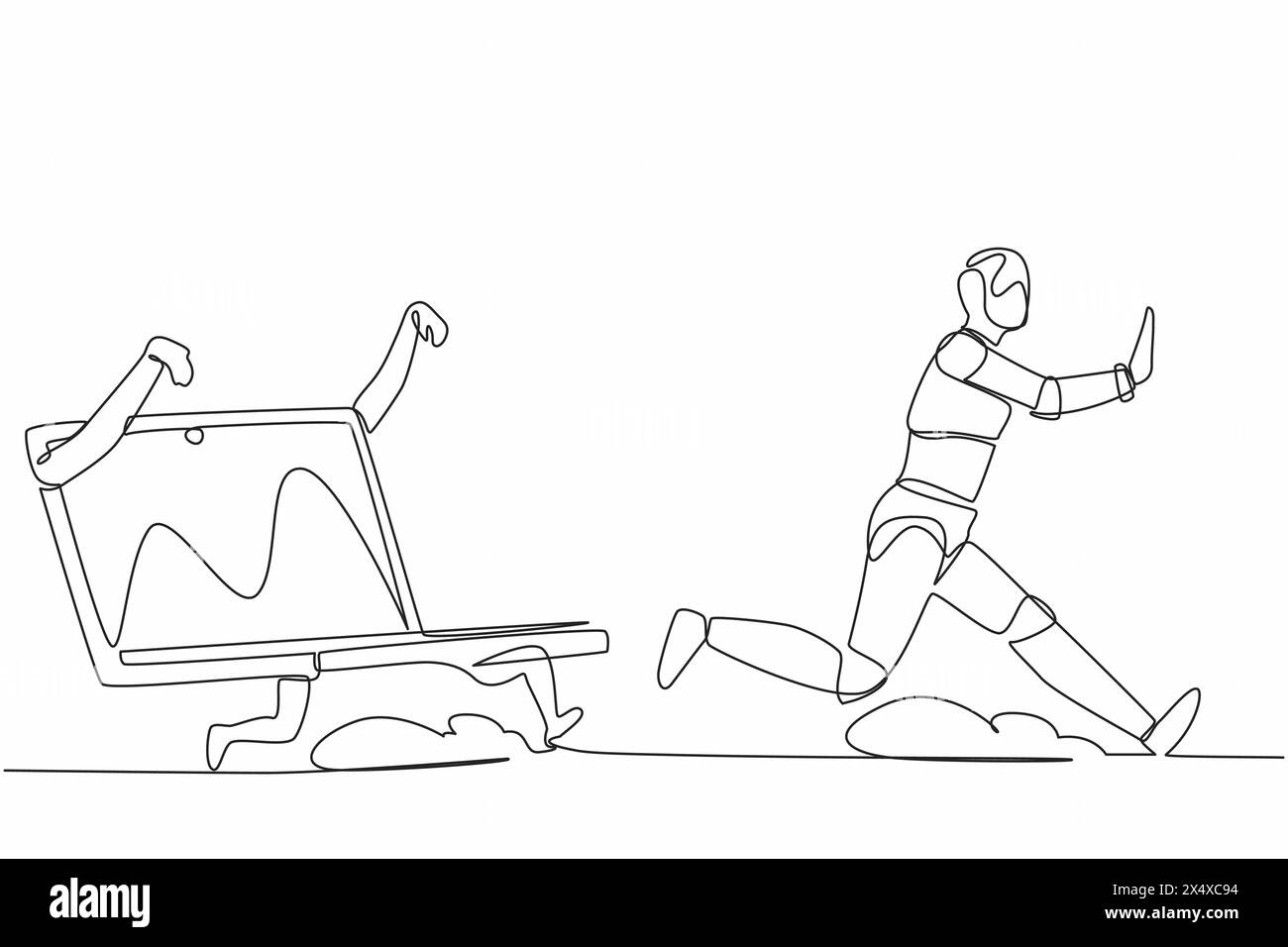 Single continuous line drawing stressed robot being chased by laptop ...
