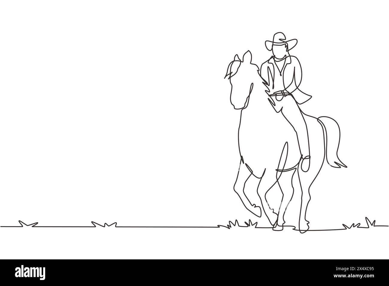Single continuous line drawing cowboy silhouette riding horse at sunset ...