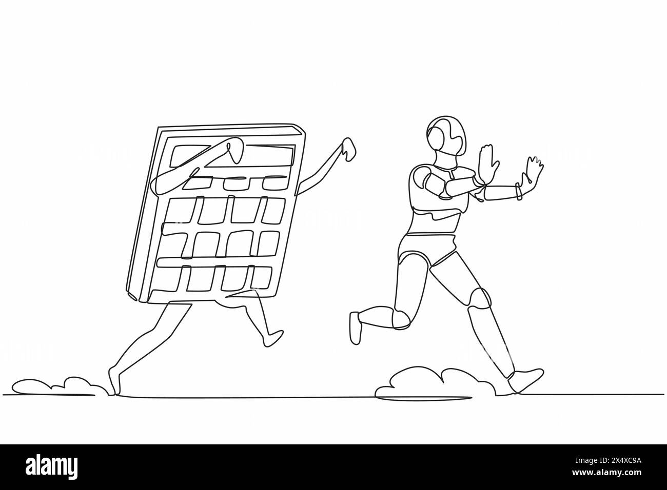 Single continuous line drawing stress robot being chased by calculator ...