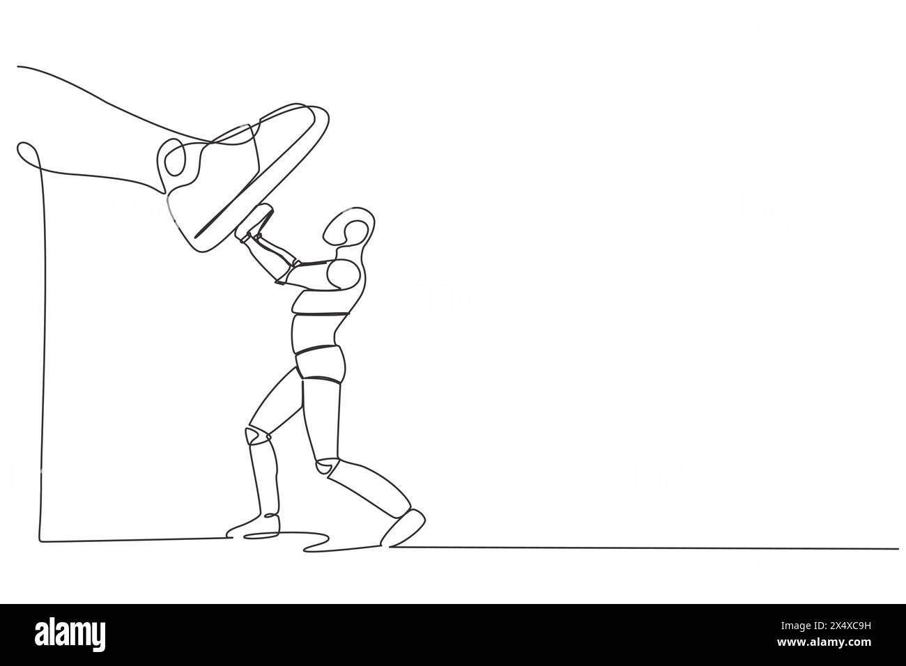 Single one line drawing robot against giant shoes stomping. Robot push ...