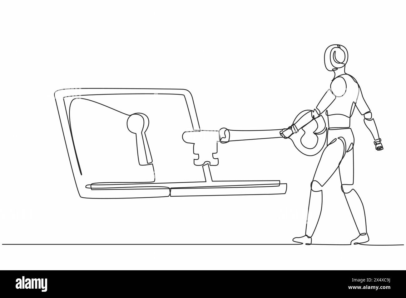 Single continuous line drawing robot putting key into laptop ...