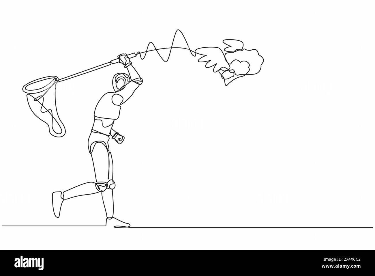 Continuous one line drawing robot try to catch flying brain with ...