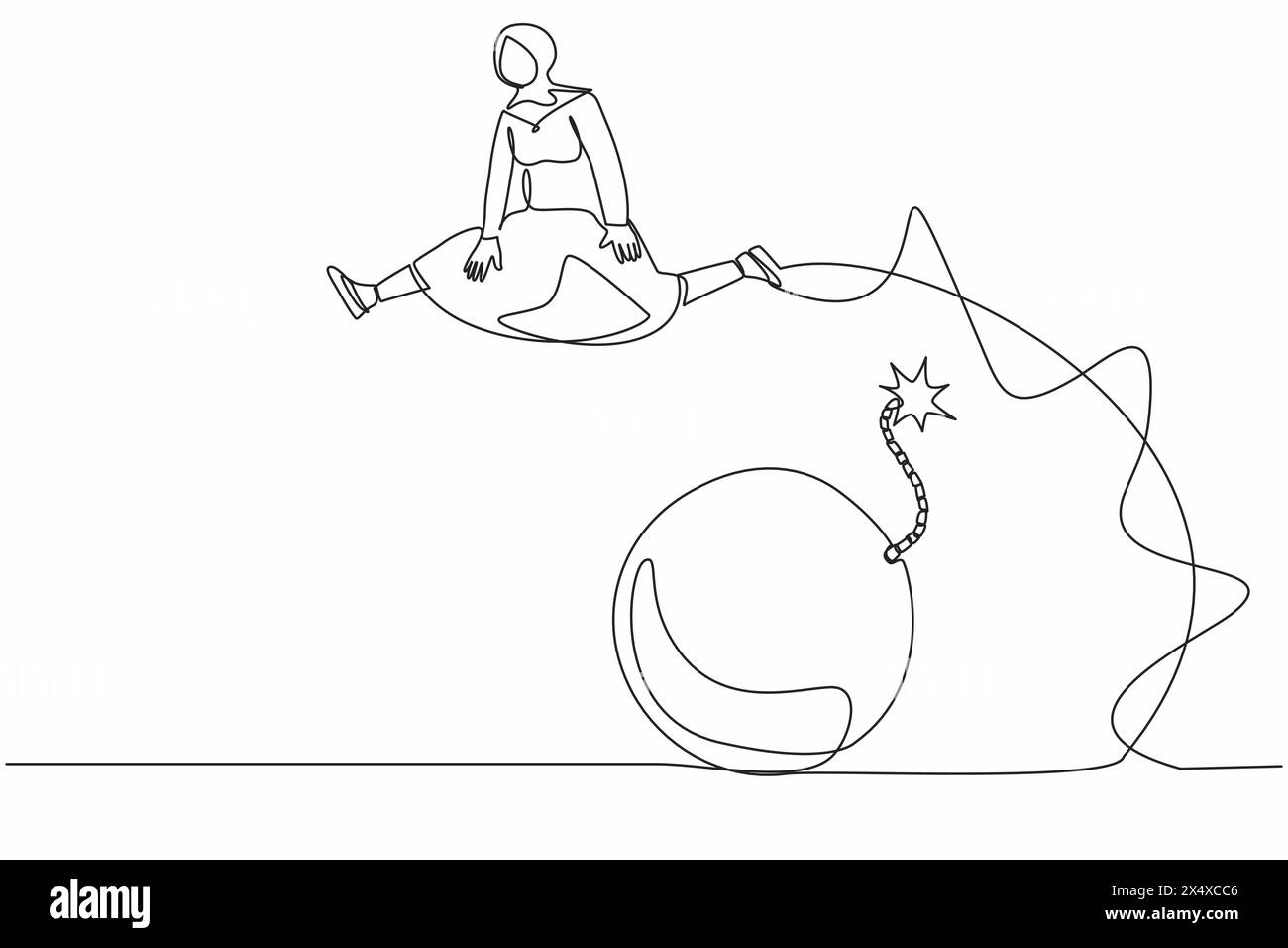 Single continuous line drawing Arab businesswoman jumping over bomb ...