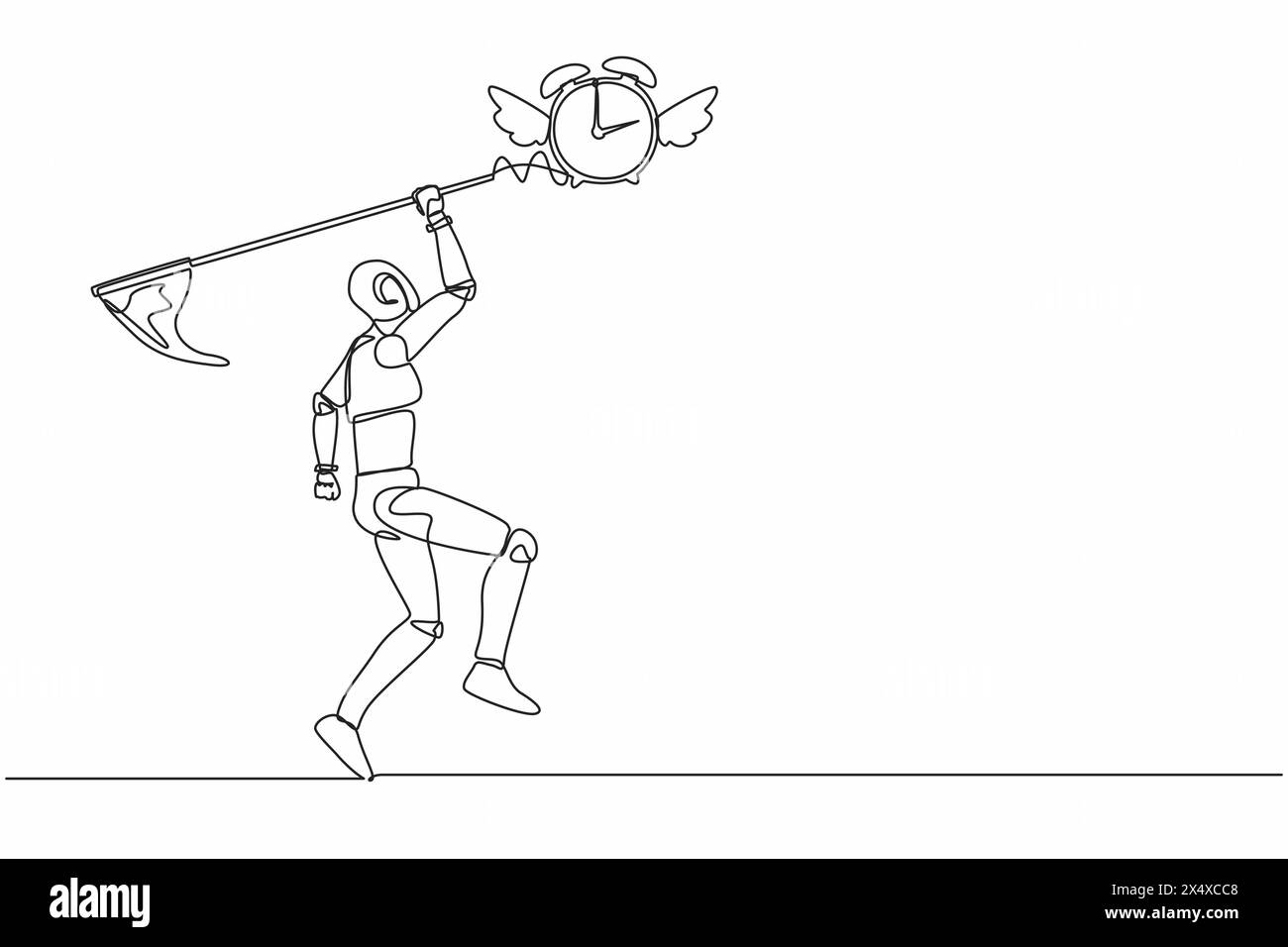 Single continuous line drawing robot try to catching flying alarm clock ...