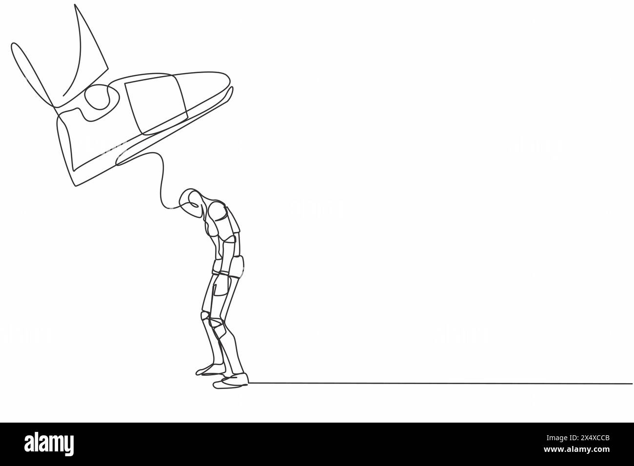 Single one line drawing robot standing weak under huge boot shoe, being ...