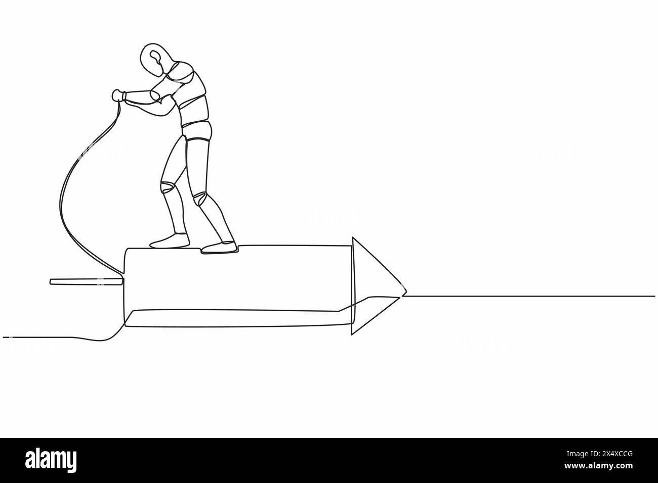 Single one line drawing robot standing on the firework rocket and ...