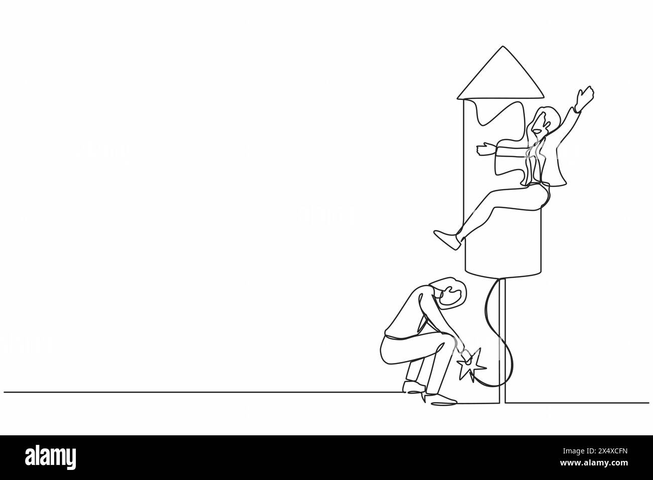 Continuous one line drawing businesswoman ignites fireworks rocket ...