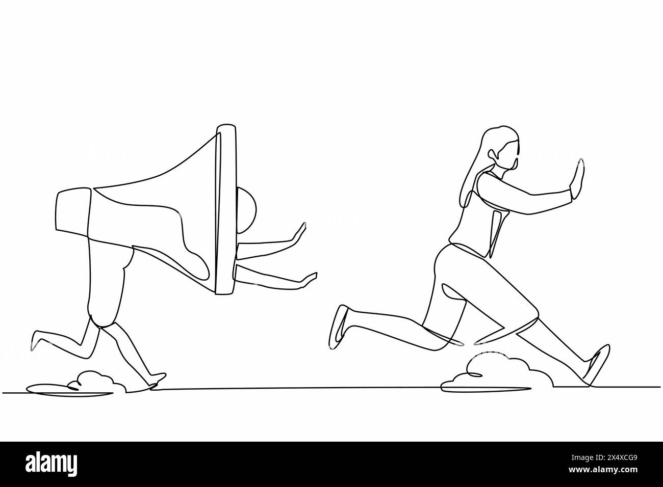 Single continuous line drawing scared businesswoman being chased by ...