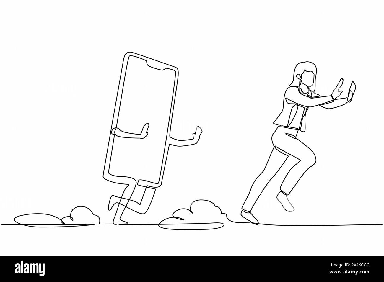Single one line drawing scared businesswoman being chased by smartphone ...